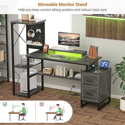 Computer Desk with 2 Fabric Drawers - Reversible Home Office Desk with Power Outlet & LED Lights, 53" Writing Desk with Monitor Stand & Storage Shelves, Gaming Desk Study Table with Pegboard, Grey Oak