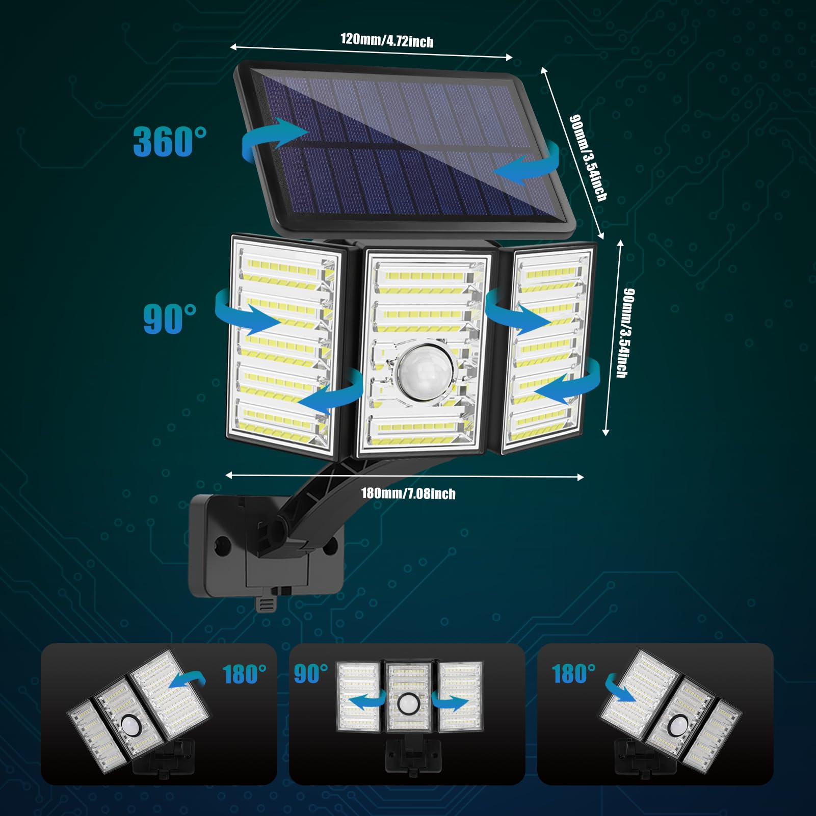 TYCOLIT 2 Packs Solar Outdoor Lights Motion Sensor,108 LED Solar Security Lights,3 Heads IP65 Waterproof Solar Flood Lights,Dusk to Dawn Outdoor Wall Light with 16.4ft Cable for Porch Patio Garden