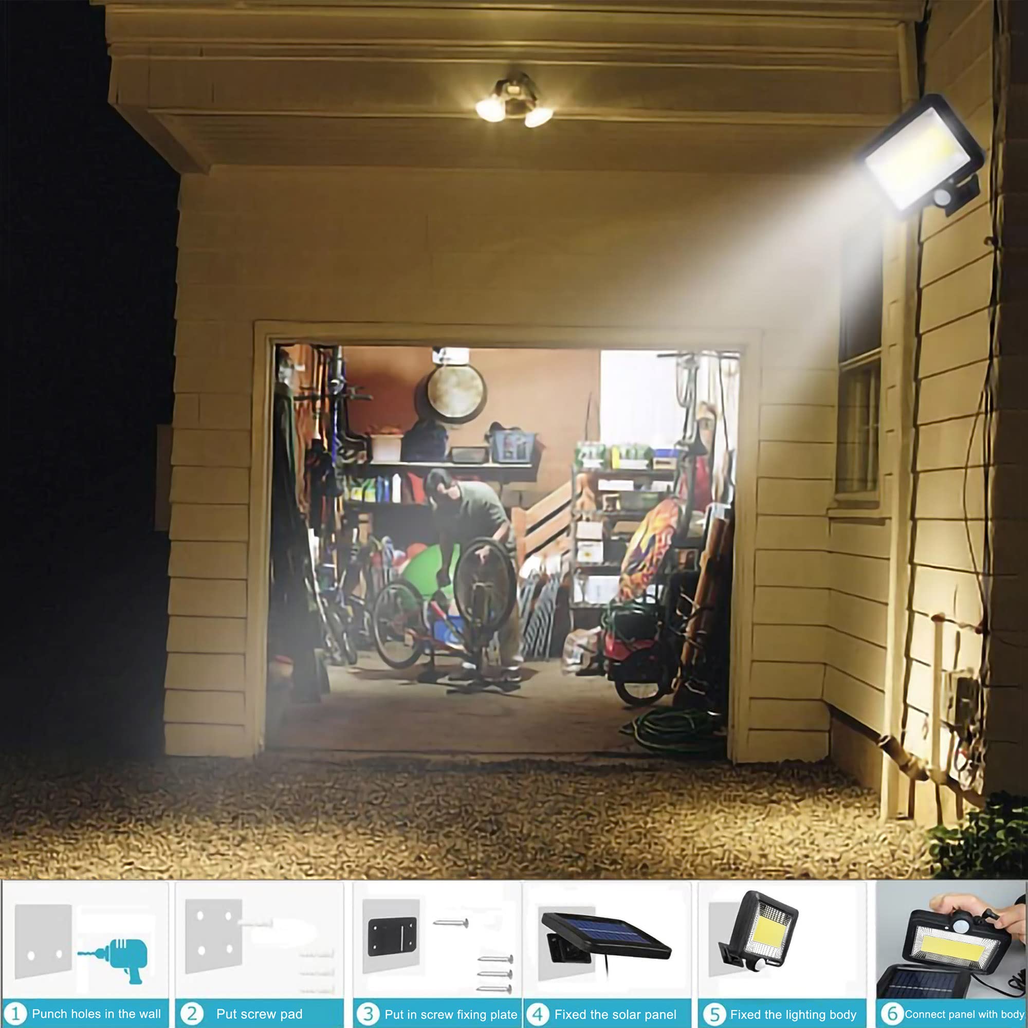 BiteBoom Solar Wall Light with Motion Sensor - Wired Security Light for Garden, Patio, Path - IP65 Waterproof & Bright - 100 COB LED Split Design