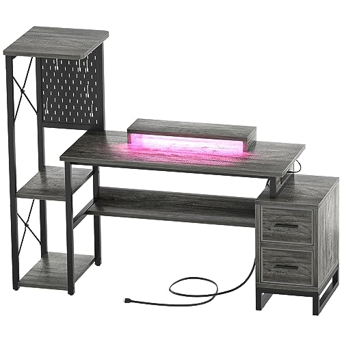 Computer Desk with 2 Fabric Drawers - Reversible Home Office Desk with Power Outlet & LED Lights, 53" Writing Desk with Monitor Stand & Storage Shelves, Gaming Desk Study Table with Pegboard, Grey Oak