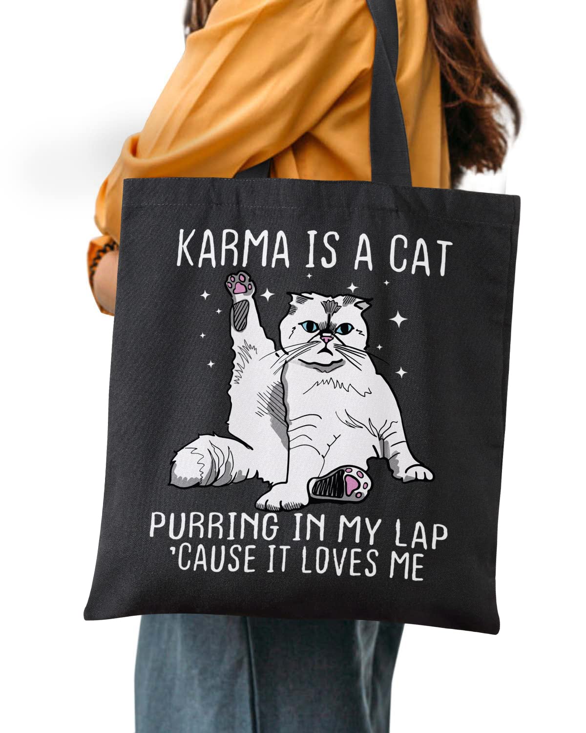 AUSVKAI Cute Tote Bag for Women, Totes Bag Gift-Karma is A Cat for Grocery Beach
