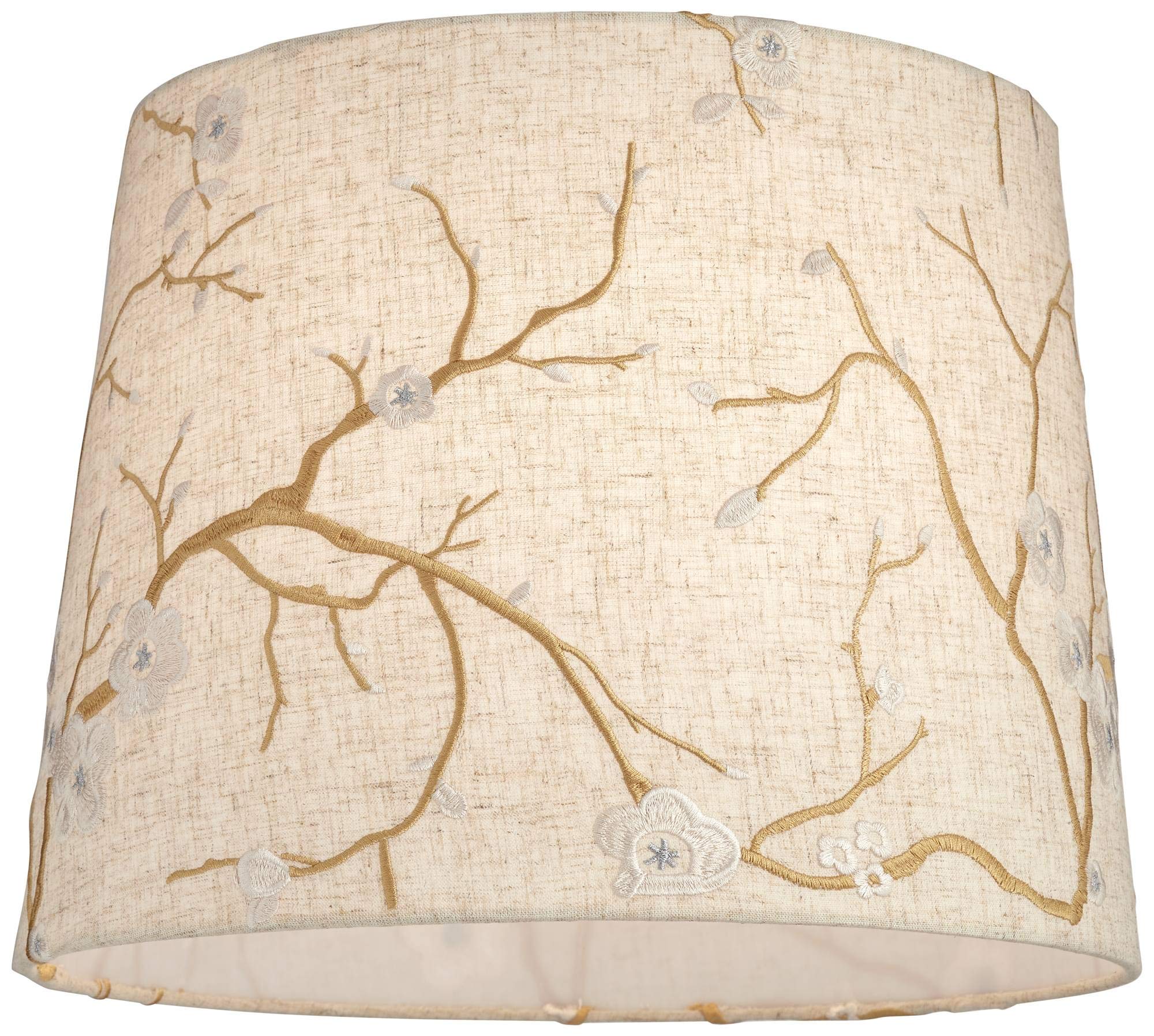 Beige Plum Flower Embroidery Medium Drum Lamp Shade 12" Top x 14" Bottom x 11" Slant (Spider) Replacement with Harp and Finial - Springcrest