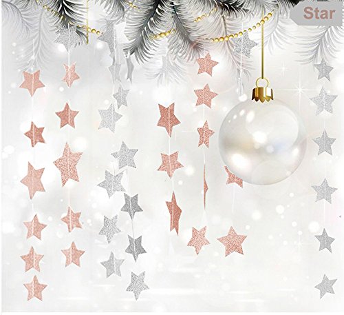 Glitter Pink Champagne Twinkle Star Hanging Garland - Sparkly Paper Five-pointed Bunting Banner String for Birthday Home Decoration, Wedding Photo Booth Props, 2.8", Totally 23 ft/7m