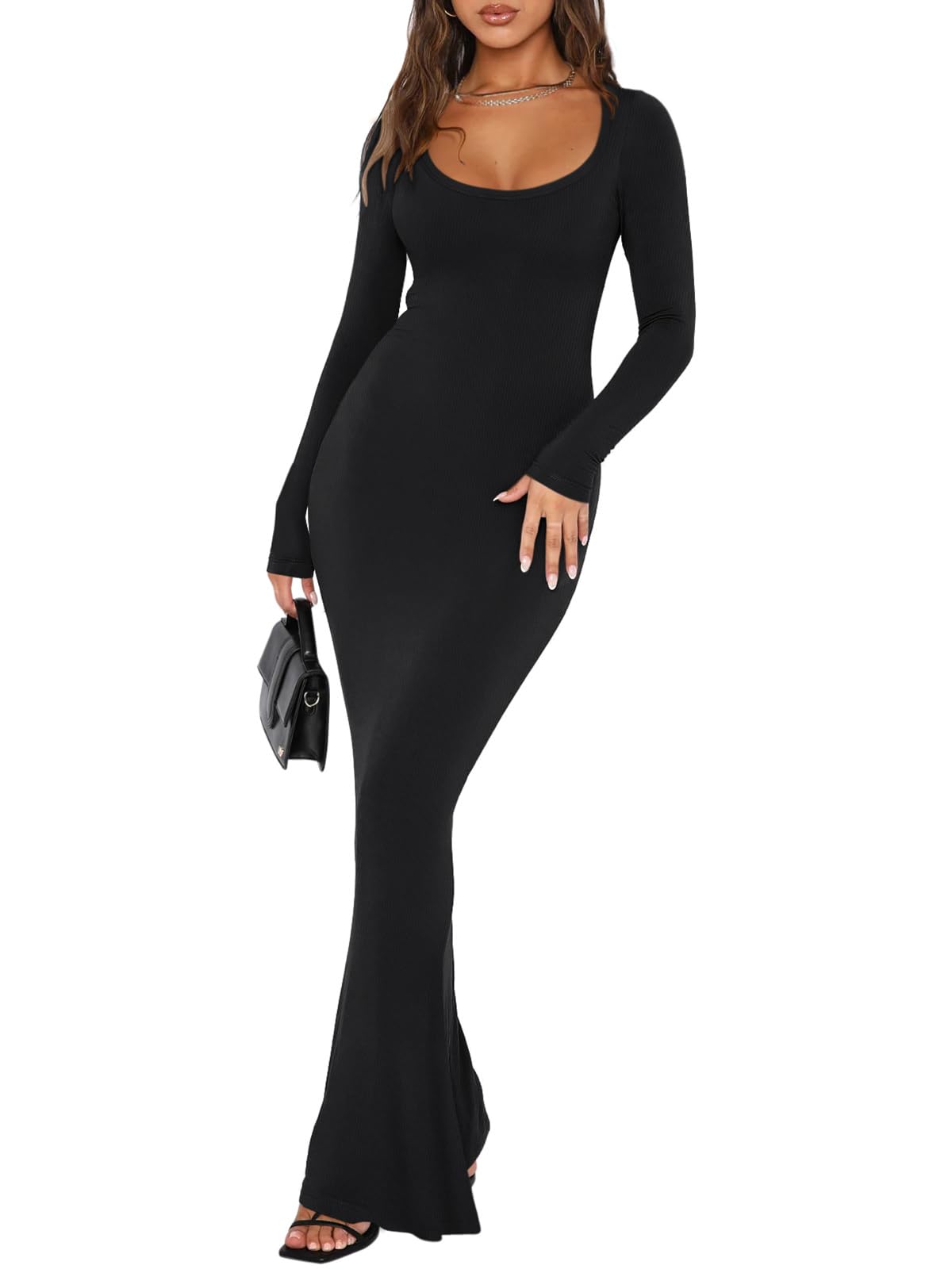 REORIA Womens Sexy Casual Scoop Square Neck Long Sleeve Soft Lounge Long Dress Fall Wedding Guest Elegant Ribbed Bodycon Maxi Dresses Black Small