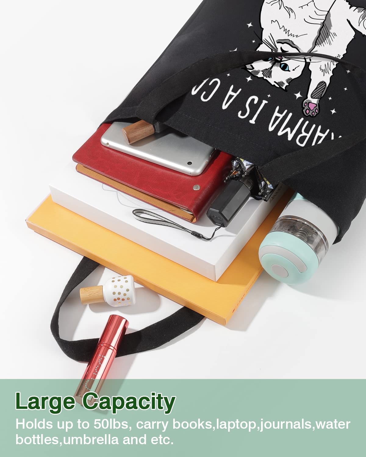 AUSVKAI Cute Tote Bag for Women, Totes Bag Gift-Karma is A Cat for Grocery Beach