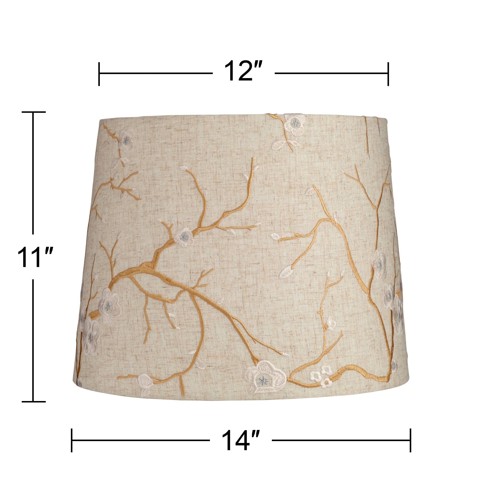 Beige Plum Flower Embroidery Medium Drum Lamp Shade 12" Top x 14" Bottom x 11" Slant (Spider) Replacement with Harp and Finial - Springcrest