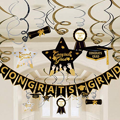 Graduation Hanging Swirl Banner Decorations, Black Gold Silver Star Banner Garland party Supplies for Class of 2023