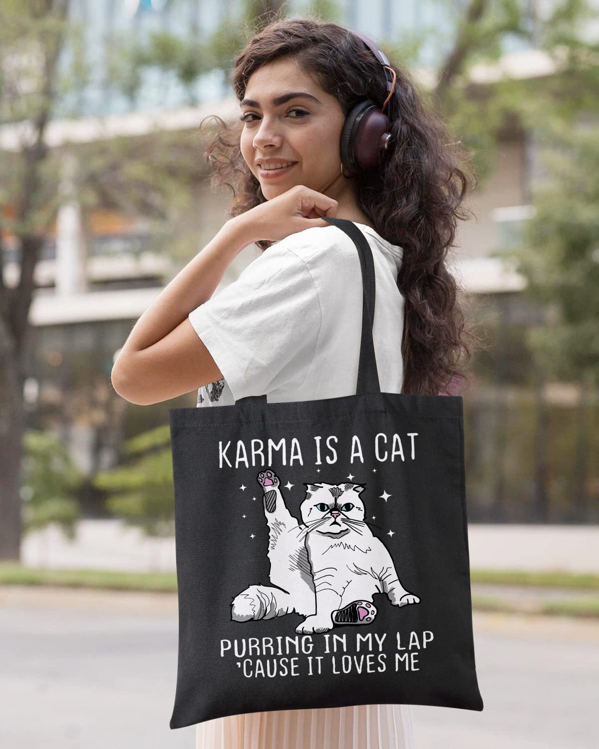 AUSVKAI Cute Tote Bag for Women, Totes Bag Gift-Karma is A Cat for Grocery Beach