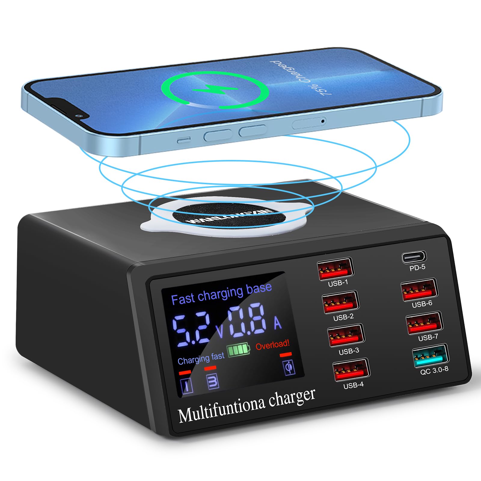 WANLONGXIN 100W 8-Port USB Qi Wireless Charging Station, QC3.0/PD Fast Charge for Phones Tablets USB Tools, Multi-Device Smart IC Desktop Organizer Hub