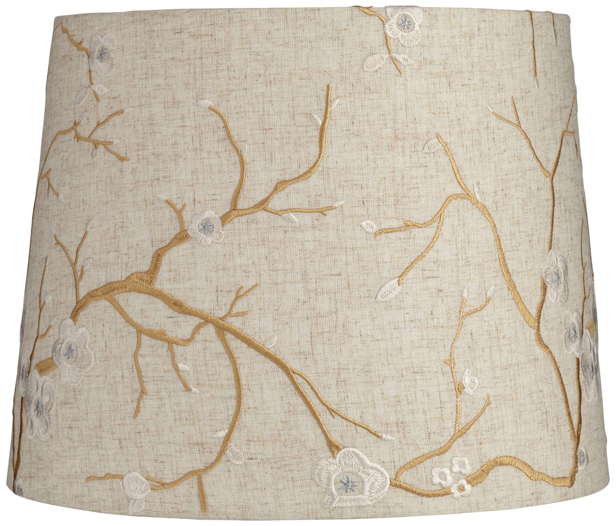 Beige Plum Flower Embroidery Medium Drum Lamp Shade 12" Top x 14" Bottom x 11" Slant (Spider) Replacement with Harp and Finial - Springcrest
