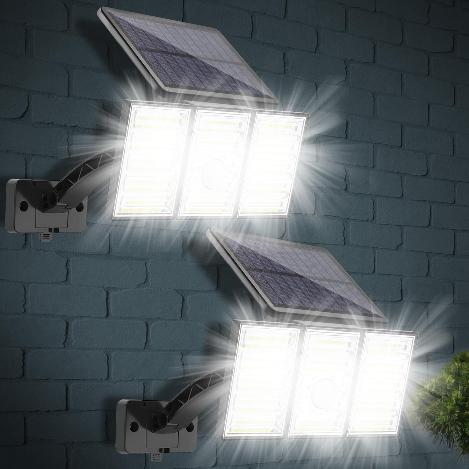 TYCOLIT 2 Packs Solar Outdoor Lights Motion Sensor,108 LED Solar Security Lights,3 Heads IP65 Waterproof Solar Flood Lights,Dusk to Dawn Outdoor Wall Light with 16.4ft Cable for Porch Patio Garden