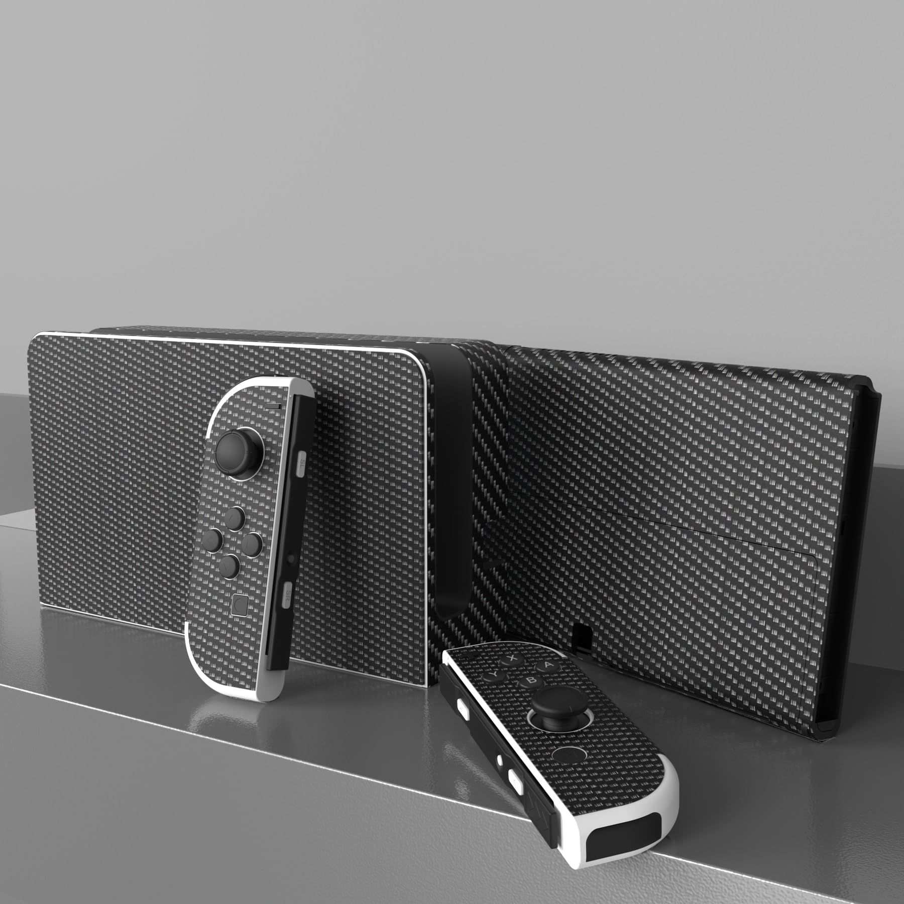 PlayVital Full Set Protective Stickers for Nintendo Switch OLED Model, Customized Vinyl Decal Skins for Switch OLED Console & Joycon & Dock & Grip - Black Silver Carbon Fiber