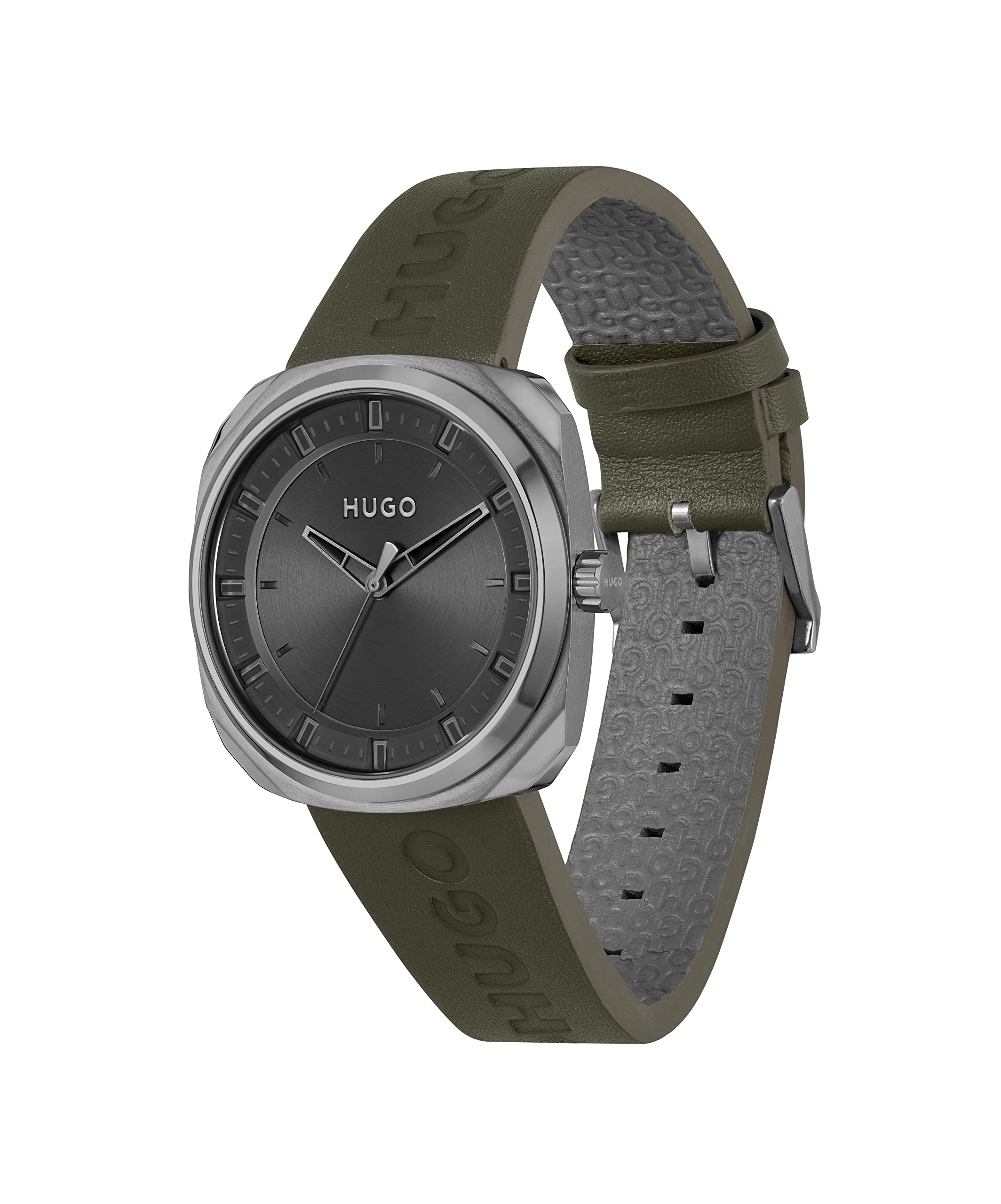 HUGO #Shrill Men's Quartz Stainless Steel Case and Leather Calfskin Strap Watch, Color: Green (Model: 1530307)