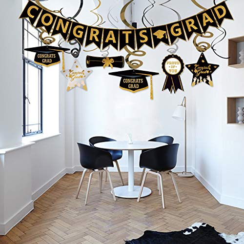 Graduation Hanging Swirl Banner Decorations, Black Gold Silver Star Banner Garland party Supplies for Class of 2023