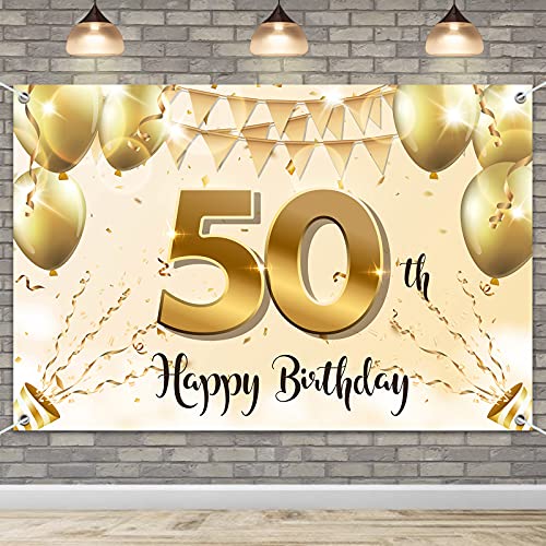 HAMIGAR 6x4ft Happy 50th Birthday Banner Backdrop - 50 Years Old Birthday Decorations Party Supplies for Women - White Gold