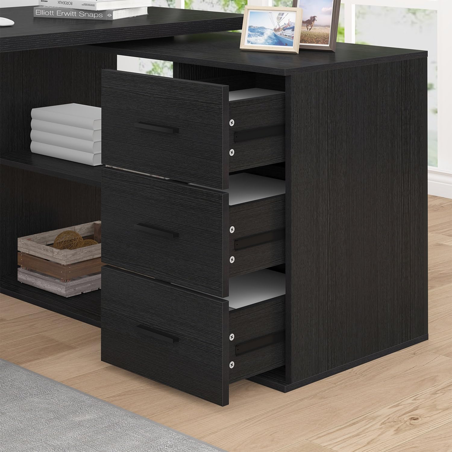 HSH Black L Shaped Computer Desk with Drawers, L Shaped Home Office Desk with Storage Cabinet Shelves, Reversible Corner Wood Writing Desk for Executive Work Study,Large Bedroom Computer Table,55 Inch