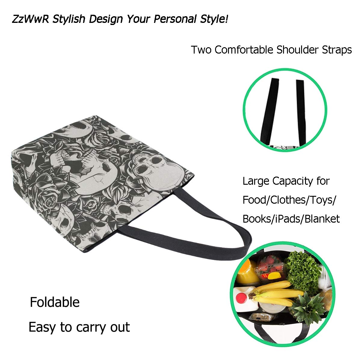 ZzWwR Horrible Dark Skulls Flowers Pattern Extra Large Canvas Market Beach Travel Reusable Grocery Shopping Tote Bag Portable Storage HandBags