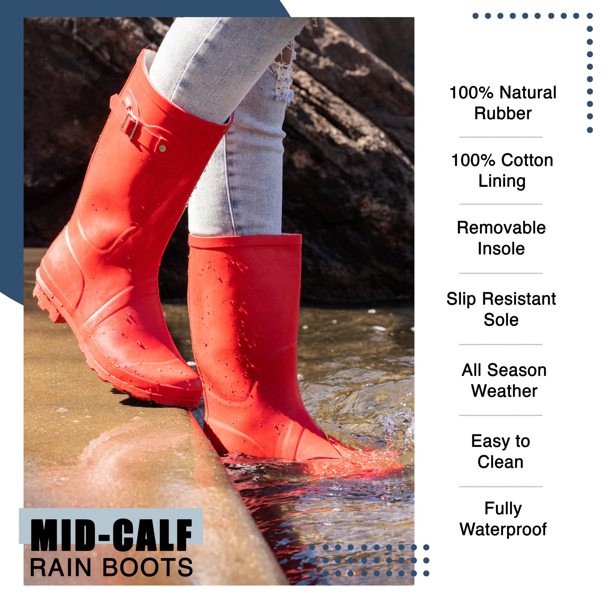 NORTY Women's Hurricane Rain Boots - Mid-Calf Length - Glossy Matte Waterproof Rubber Shoes - Matte Navy Size 9