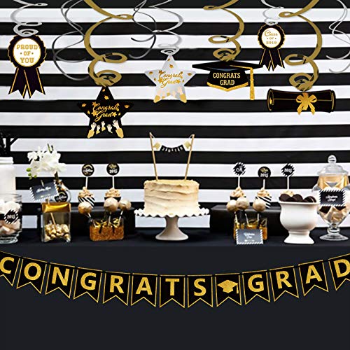 Graduation Hanging Swirl Banner Decorations, Black Gold Silver Star Banner Garland party Supplies for Class of 2023