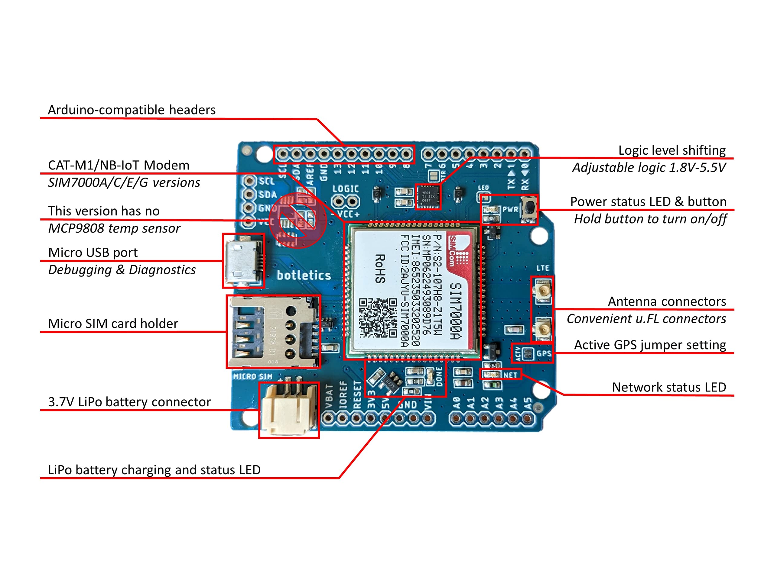 Botletics SIM7000 LTE CAT-M1 NB-IoT Cellular + GPS + Antenna Shield Kit for Arduino (SIM7000A)