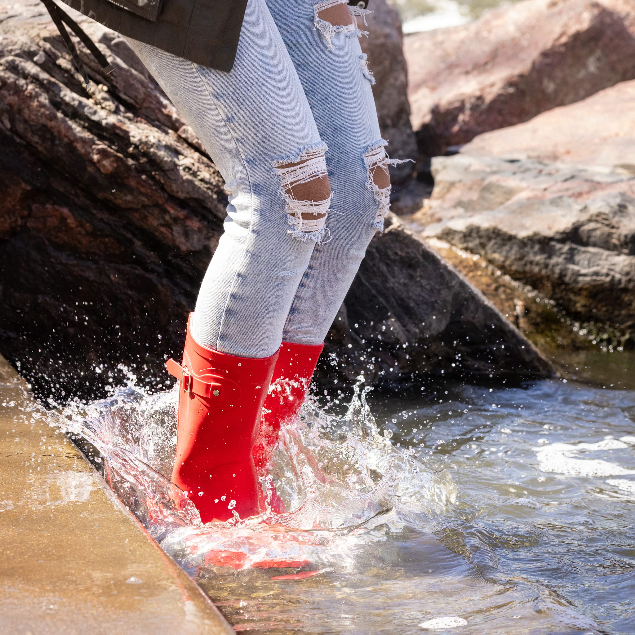 NORTY Women's Hurricane Rain Boots - Mid-Calf Length - Glossy Matte Waterproof Rubber Shoes - Matte Navy Size 9