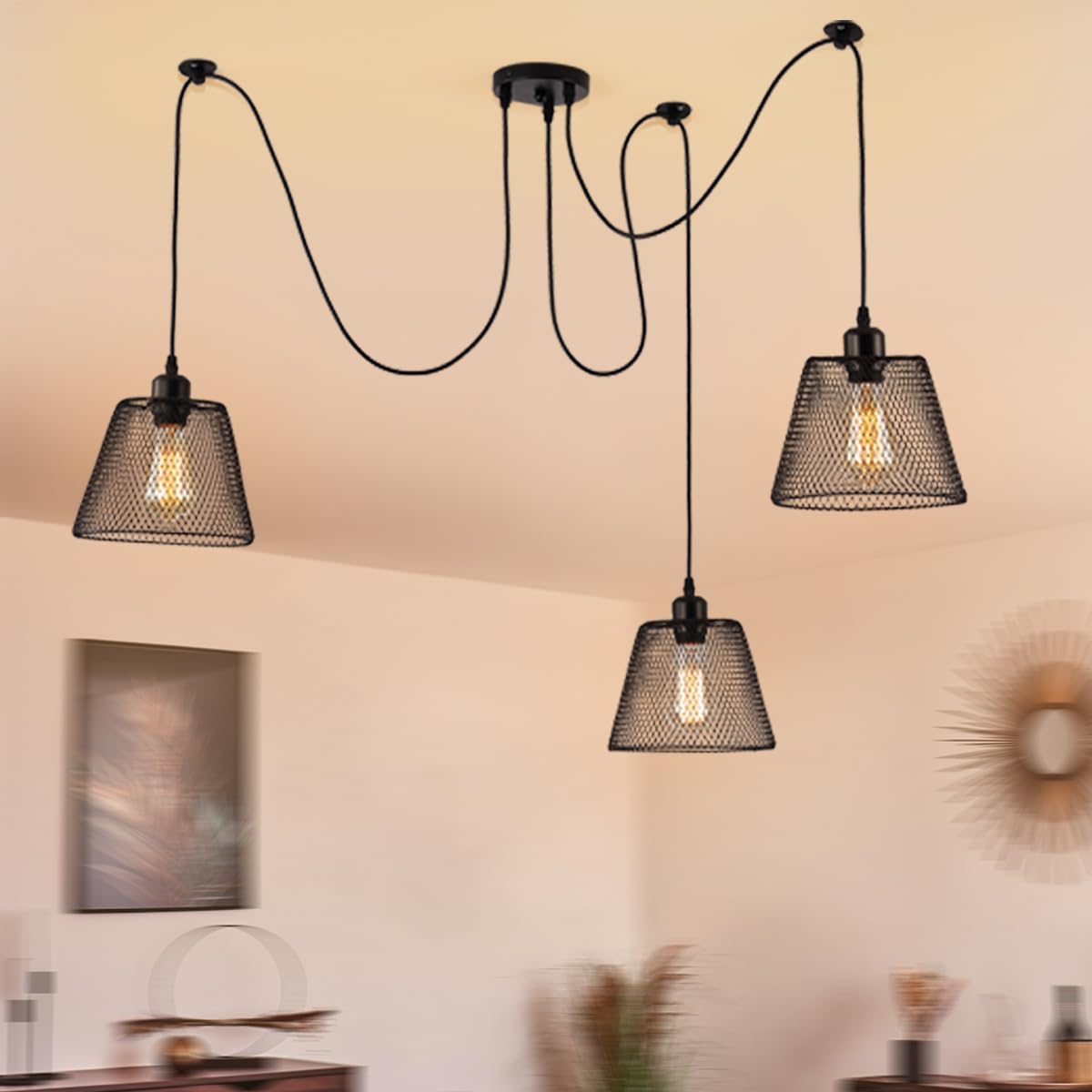 Modxian Farmhouse Retro spider Pendant Light Fixture, E26 Living Room Spider Light with Black Collapsible Metal Cage Lampshade, DIY Pendant Ceiling Light for Kitchen Island (Pendant Light)