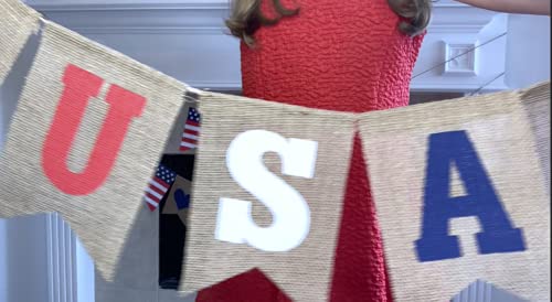 Shimmer Anna Shine USA American Flag Patriotic Burlap Banner for 4th of July Decorations Red White and Blue Memorial Day Decor (USA Flags)