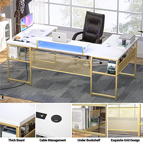 Unikito U Shaped Desk with LED Strip and Power Outlet, Reversible Large Corner Computer Desk with Monitor Stand and Storage Shelf, 83 Inch U Shape Office Desks, 2 Person L Shaped Gaming Table, White