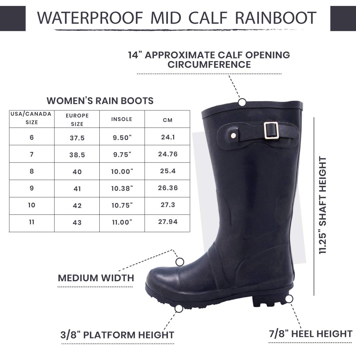 NORTY Women's Hurricane Rain Boots - Mid-Calf Length - Glossy Matte Waterproof Rubber Shoes - Matte Navy Size 9