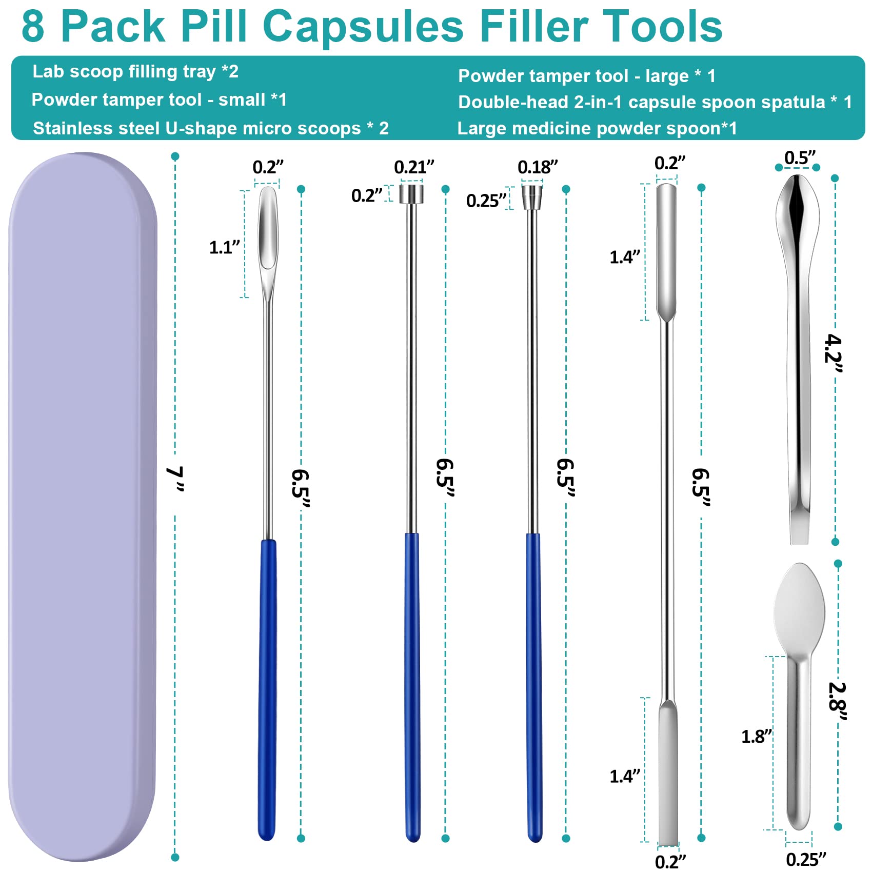 8 Piece Capsule Filling Machine Kits for Empty Pill Capsules Filler, Home & Lab Supplies - Micro Tiny Spoon Spatula, Lab Scoop Filling Tray, Herb Powder Tamper Tool, Gel Capsules Size #000 00 0 1 2 3