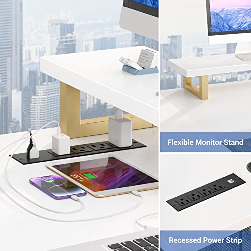 Unikito U Shaped Desk with LED Strip and Power Outlet, Reversible Large Corner Computer Desk with Monitor Stand and Storage Shelf, 83 Inch U Shape Office Desks, 2 Person L Shaped Gaming Table, White