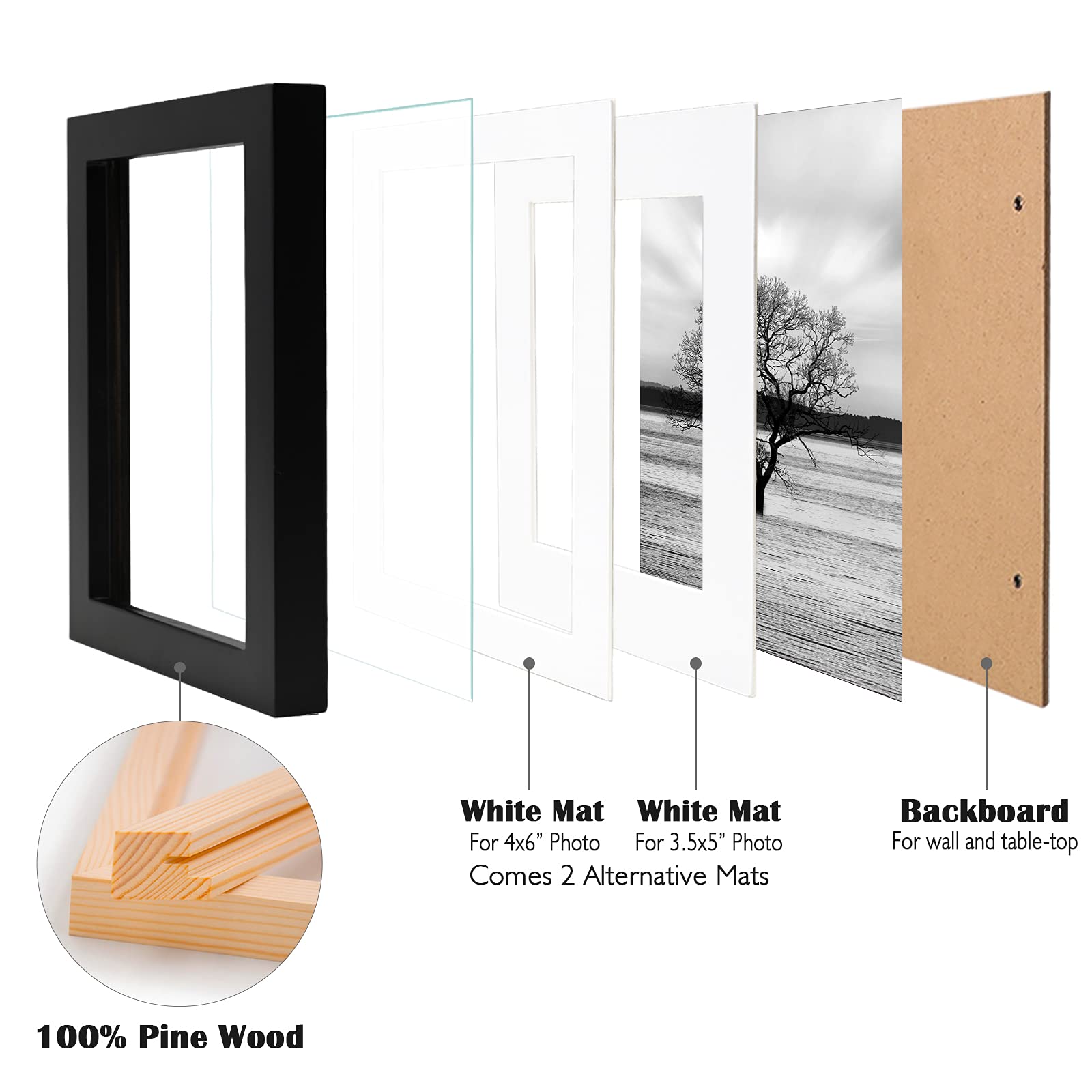 Egofine 5x7 Picture Frames Set of 4, Made of Solid Wood Covered by Plexiglass 3.5x5 and 4x6 with Mat or 5x7 without Mat, for Table Top Display and Wall Mounting Photo Frame White
