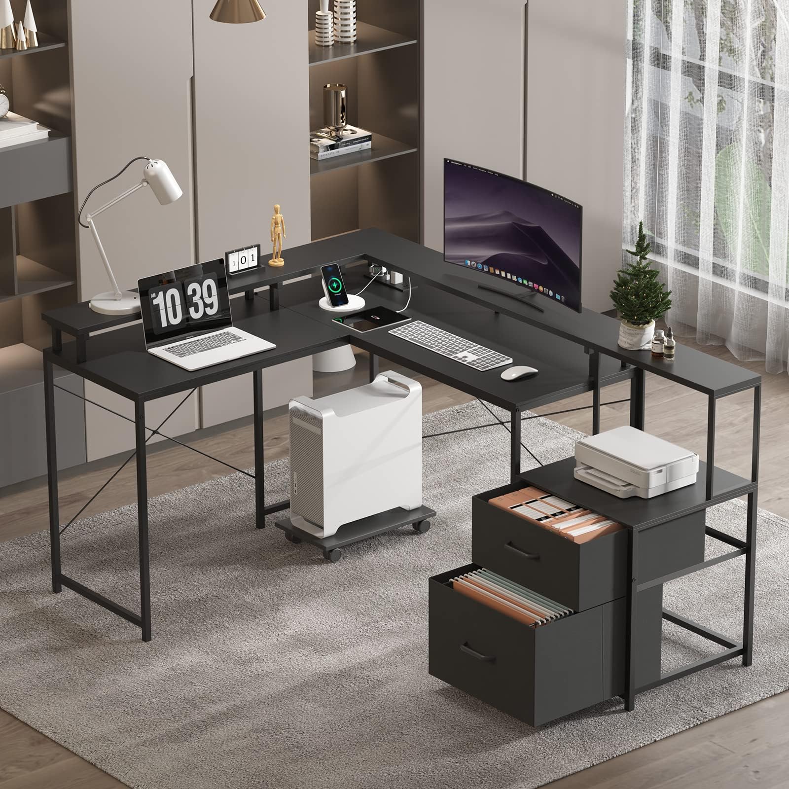 WASAGUN L Shaped Desk with 2 Fabric Drawers, Power Outlet & USB Ports, Corner Gaming Desk with LED Light, Reversible Computer Desk with Monitor Stand & Hook, Home Office Work Desk, Black