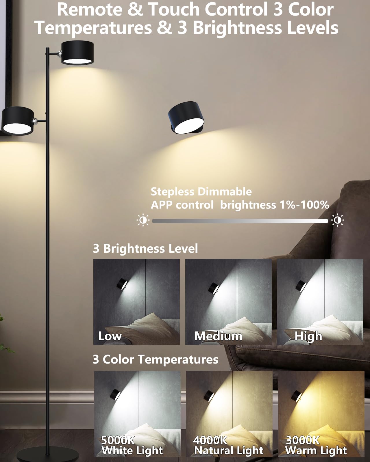 Floor Lamps,LED Tall Standing Pole Lights with Touch&Remote Control, Rechargeable Battery, Standard Dloor lamp with 3 Color Tempes&3 Brightness,RGB&4 Ambience Modes for Reading/Living Room/Sofa/Gaming