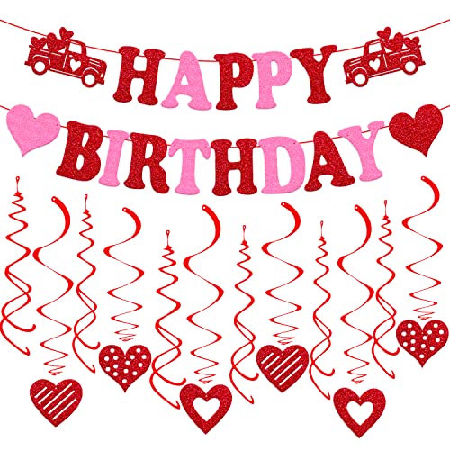 Valentine's Day Birthday Decorations Set Happy Birthday Banner with Heart Hanging Swirls for Romantic Happy Valentine’s Day Theme Birthday Party Supplies