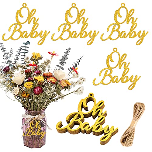 CINPIUK 20PCS Oh Baby Mason Jar Tags Baby Shower Centerpieces Gender Reveal Glitter Gold Decorations, Oh Baby Cutouts Bonus 10 Yards Burlap String
