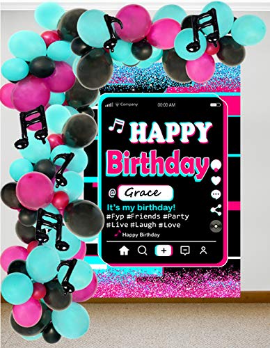 TIK TOC Backdrop Personalized Name with a Marker Music Birthday Party Decorations,Large Birthday Party Backdrop for Teens Social Media Theme Birthday Party