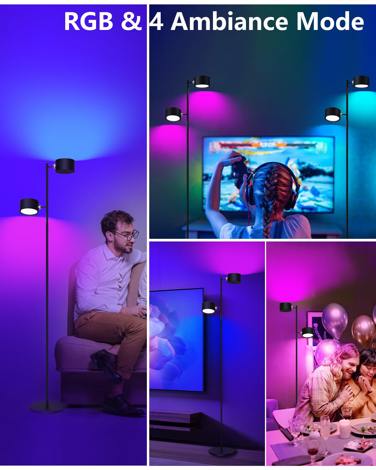 Floor Lamps,LED Tall Standing Pole Lights with Touch&Remote Control, Rechargeable Battery, Standard Dloor lamp with 3 Color Tempes&3 Brightness,RGB&4 Ambience Modes for Reading/Living Room/Sofa/Gaming