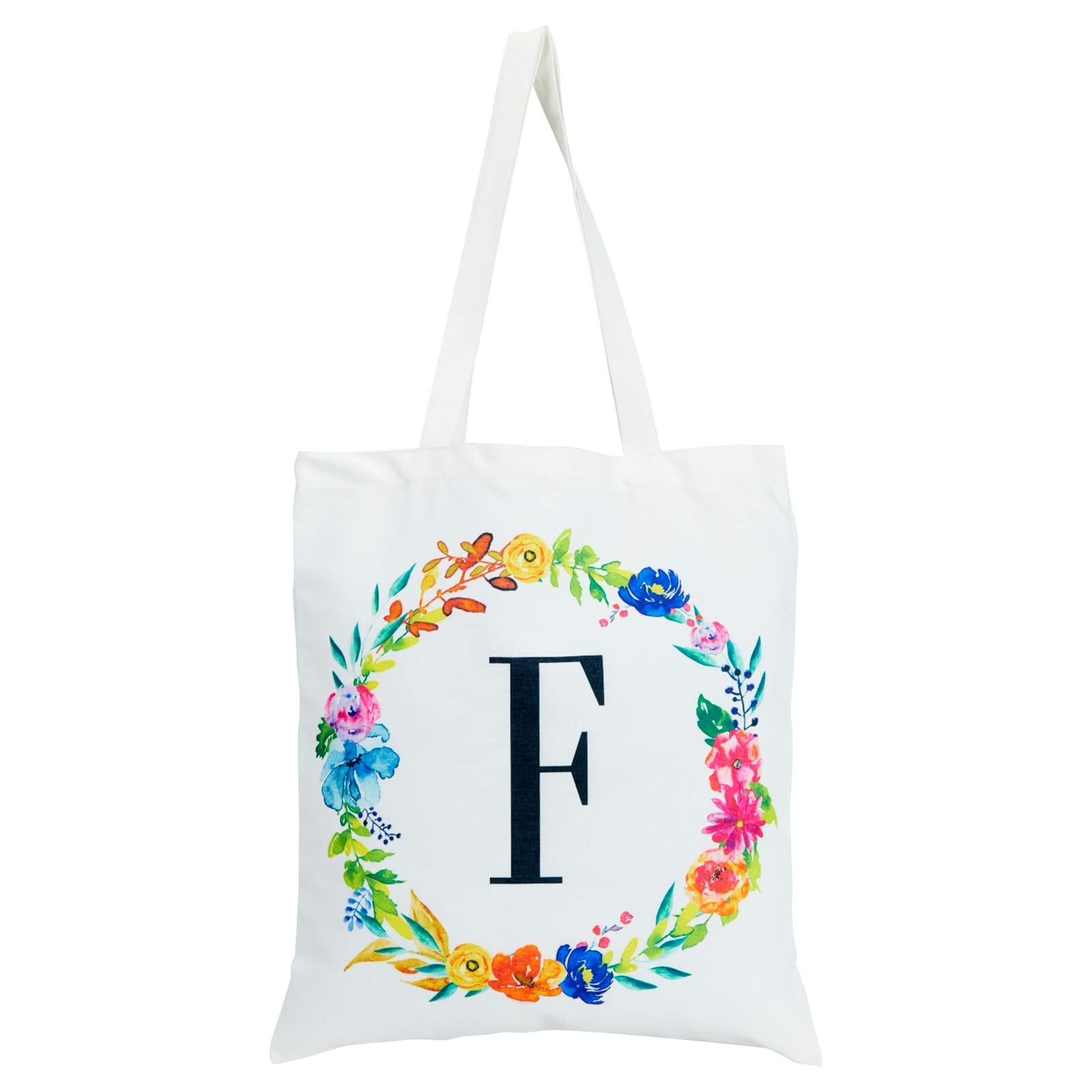 Okuna Outpost Set of 2 Reusable Monogram Letter F Personalized Canvas Tote Bags for Women, Floral Design (29 Inches)