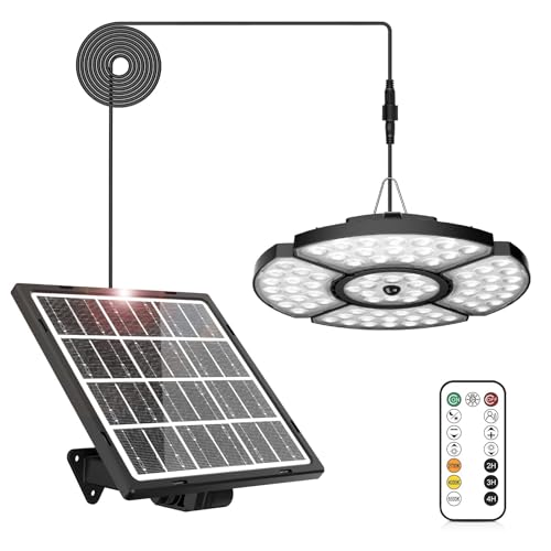 CLY Solar Shed Light Indoor Outdoor 152LED Motion Sensor Pendant Light 1000LM, Dimmable 2500K-6500K Remote Control 5 Modes Timer Memory Function Hanging Solar Lights for Garage Barn Patio Gazebo