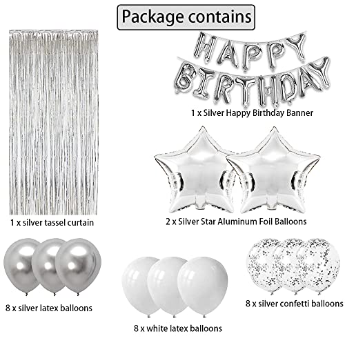 Silver Birthday Decorations,Silver Metallic Confetti Latex Balloons,Silver Happy Birthday Balloons Banner with 2Pcs Large Silver Star Foil Balloons,Silver Fringe Curtains Photo Booth Props