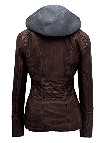 Hoffen Premium Vegan Leather Jacket for Women with Detachable Hood - Seitig Model (Coffee, S)