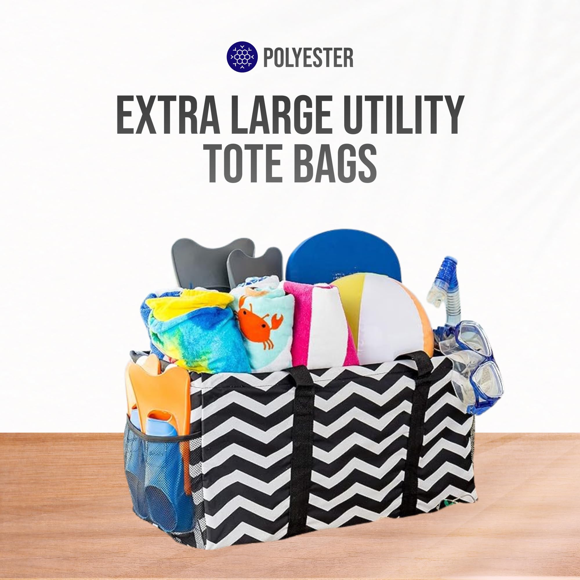 Lucazzi Extra Large Utility Tote Bag - Oversized Collapsible Reusable Wire Frame Rectangular Canvas Basket With Two Exterior Pockets For Beach, Pool, Laundry, Car Trunk, Storage - Chevron Black