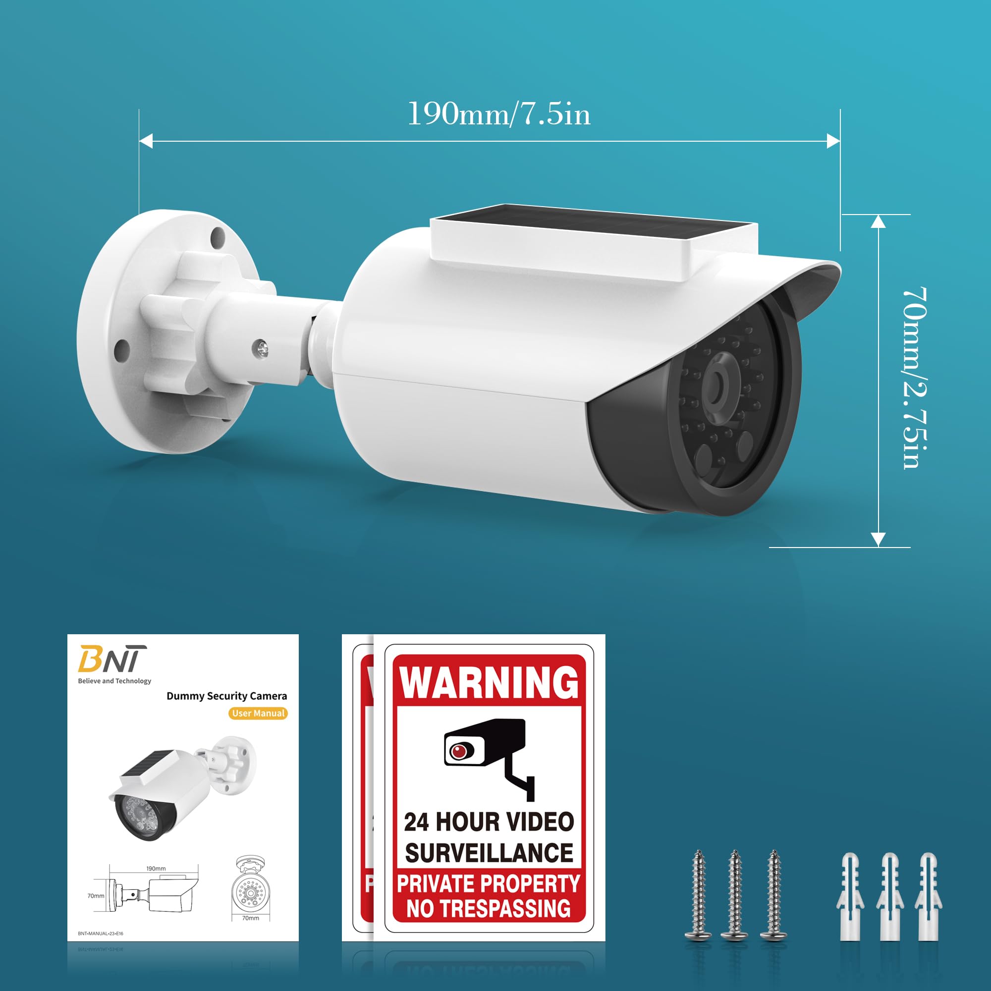 BNT Solar Powered Fake Security Camera, Bullet Shape Fake Surveillance Camera with Red LED Light for Night, Security Warning Sticker, for Outdoor Safety Alert (White 4Pack,Battery not Included)