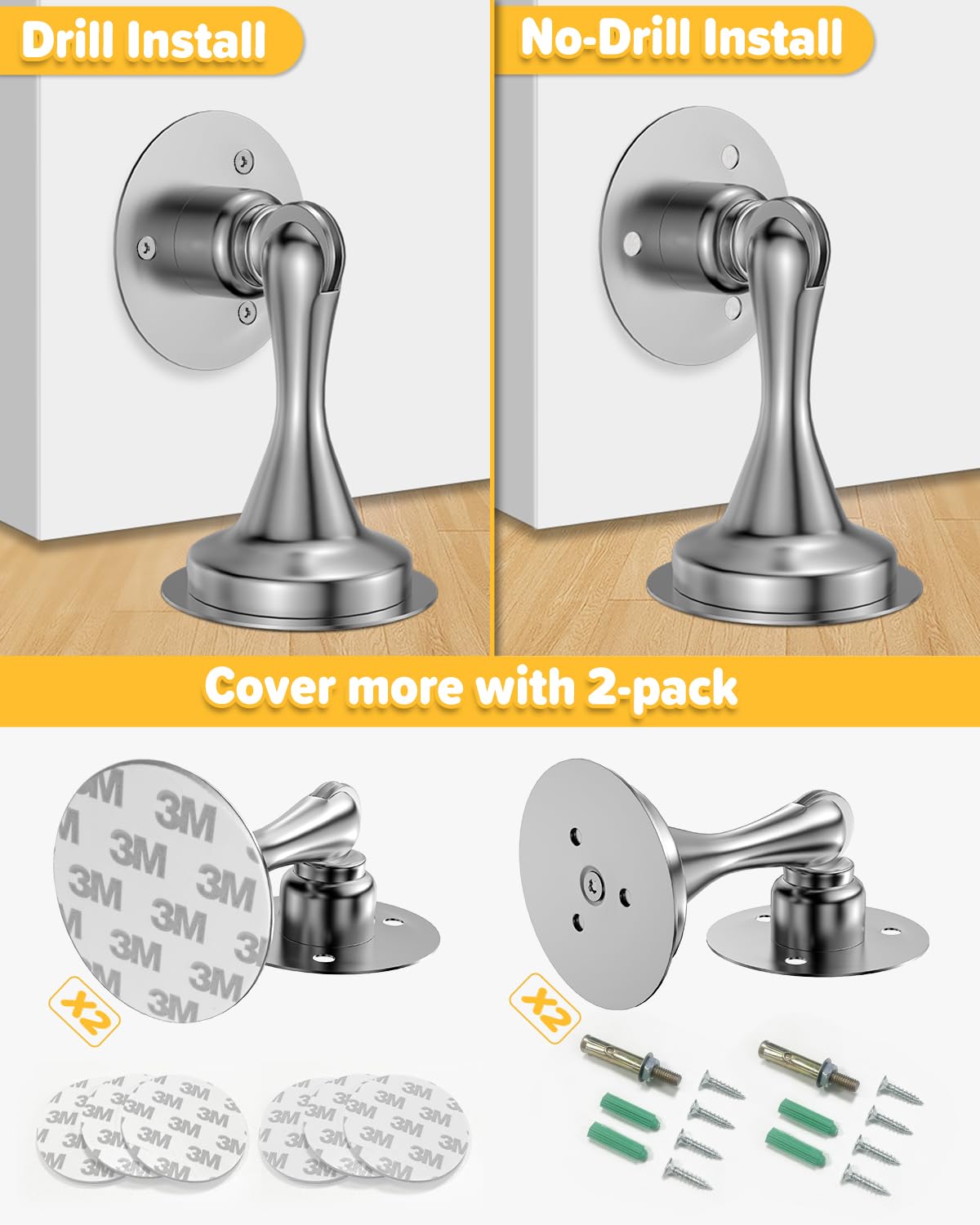 4-Pack Door Stoppers Set Bundle, Magnetic Door Stop and Heavy Duty Wedge Door Stoppers for Bottom of Door