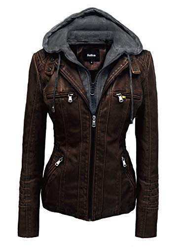Hoffen Premium Vegan Leather Jacket for Women with Detachable Hood - Seitig Model (Coffee, S)