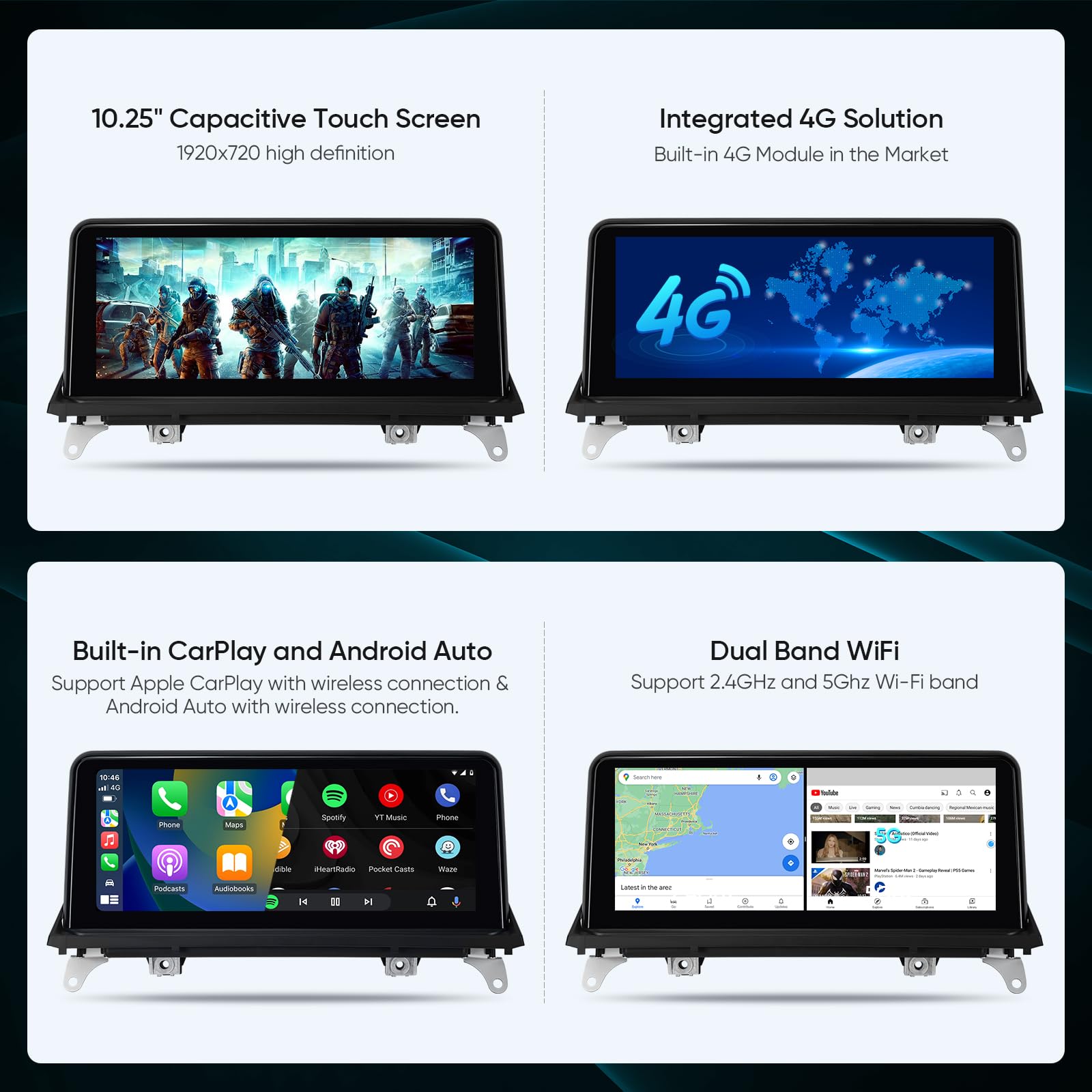 For BMW X5 E70 X6 E71 2011 2012 2013 CIC Upgrade Stereo Car Radio Qualcomm 665 (4GB + 64GB) Built-in 4G LTE Module GPS Navigation Wireless Apple CarPlay Android Auto 10.25 inch 1920 x 720 Touch Screen