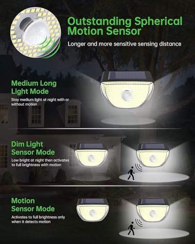 oditton Solar Security Lights, 3 Modes, IP65 Waterproof for Yard, Stairs, Garage, Fence, Porch, 200LED Solar Lights, Solar Motion Sensor Lights, Outdoor Solar Wall Lights, 1 Pack