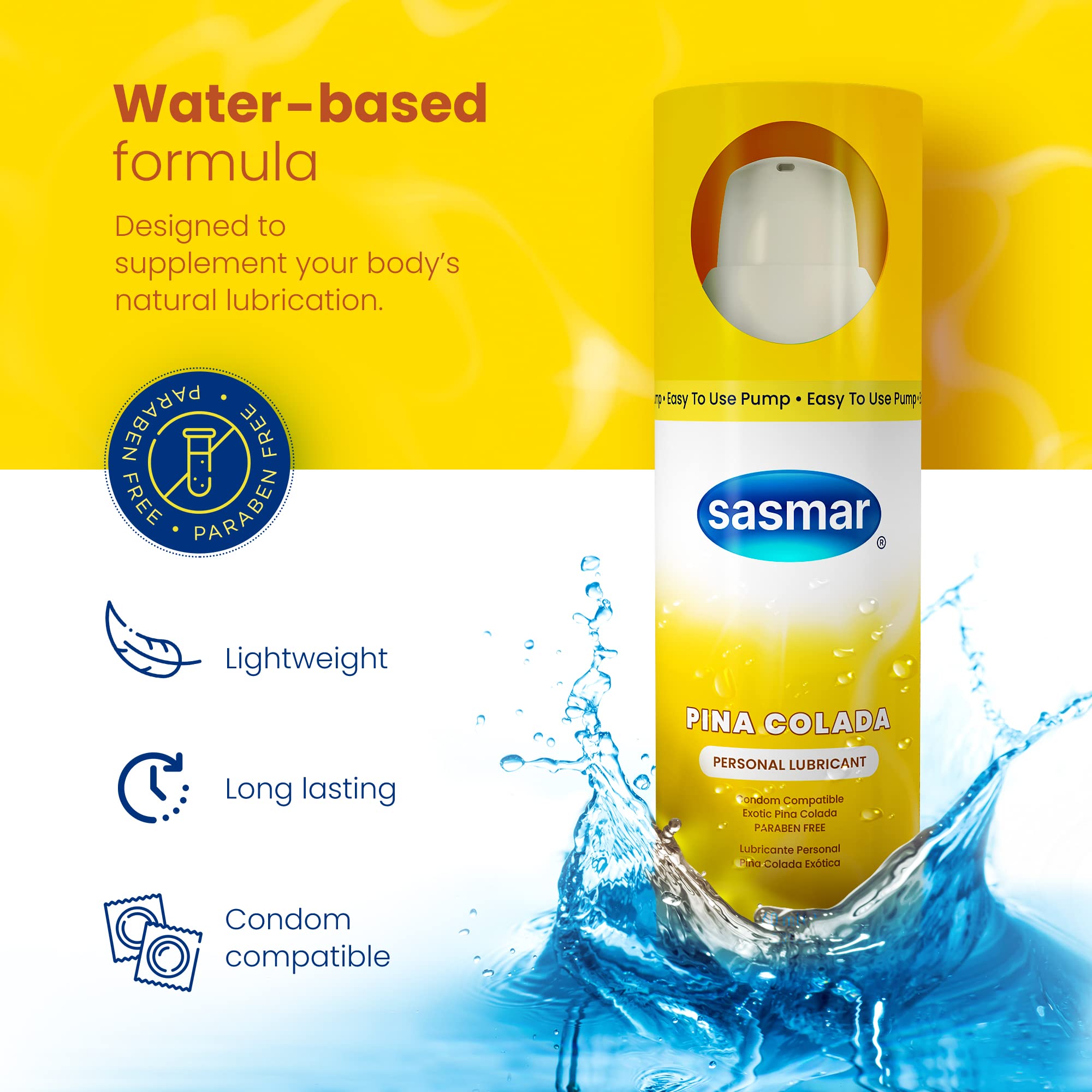 Sasmar Pina Colada Flavored Lubricant - Water-Based Personal Lube for Men, Women - Feels Natural, Long Lasting Formula, Paraben Free, Toy-Friendly and Condom Safe, Oral Lubricant for Couples - 60 ml