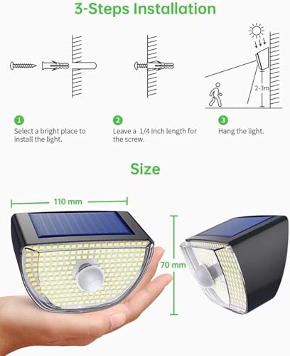 oditton Solar Security Lights, 3 Modes, IP65 Waterproof for Yard, Stairs, Garage, Fence, Porch, 200LED Solar Lights, Solar Motion Sensor Lights, Outdoor Solar Wall Lights, 1 Pack